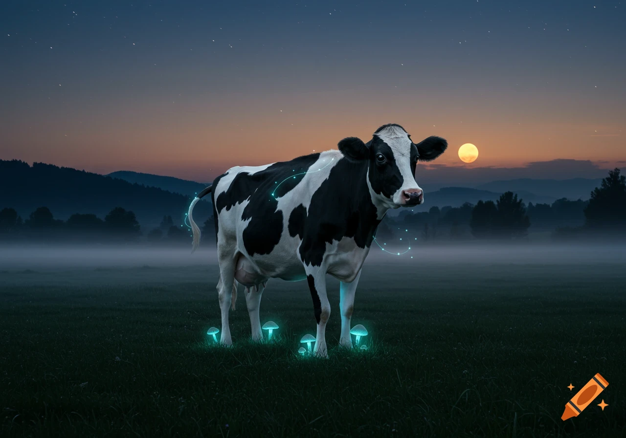 A black and white cow stands in a misty field at night, surrounded by ...