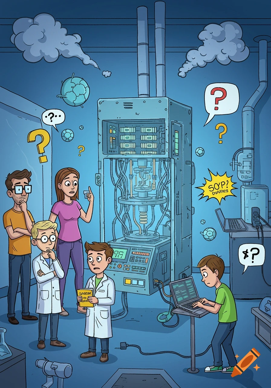A colorful cartoon shows five puzzled people around a complex quantum ...