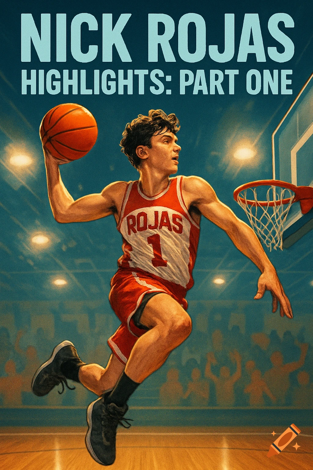 A male basketball player in an Idaho State jersey shoots a basketball, with text on Craiyon