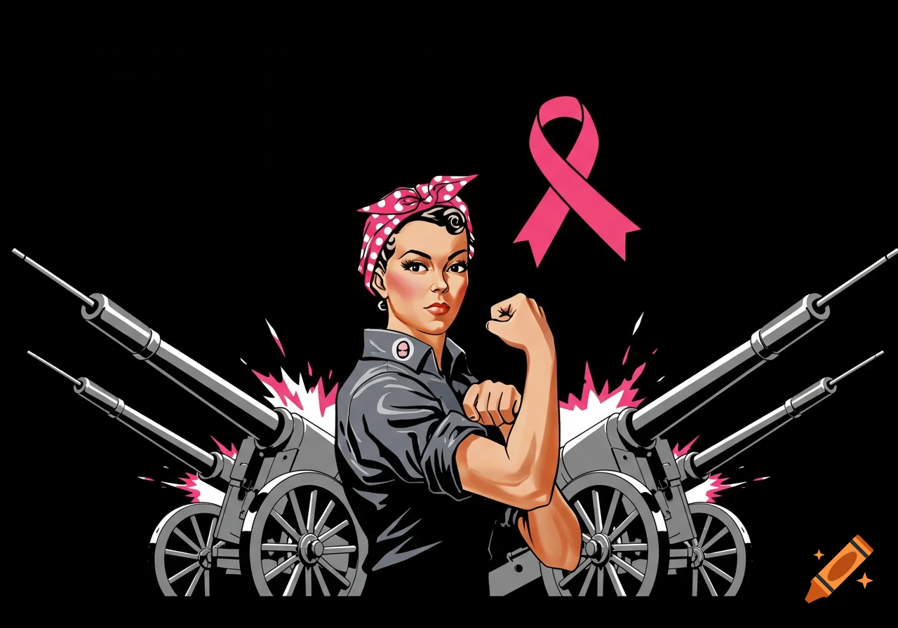 Vintage illustration of Rosie the Riveter with a pink breast cancer ...