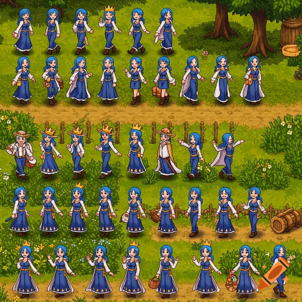 Pixel art character sprite sheet featuring a blue-haired woman in ...