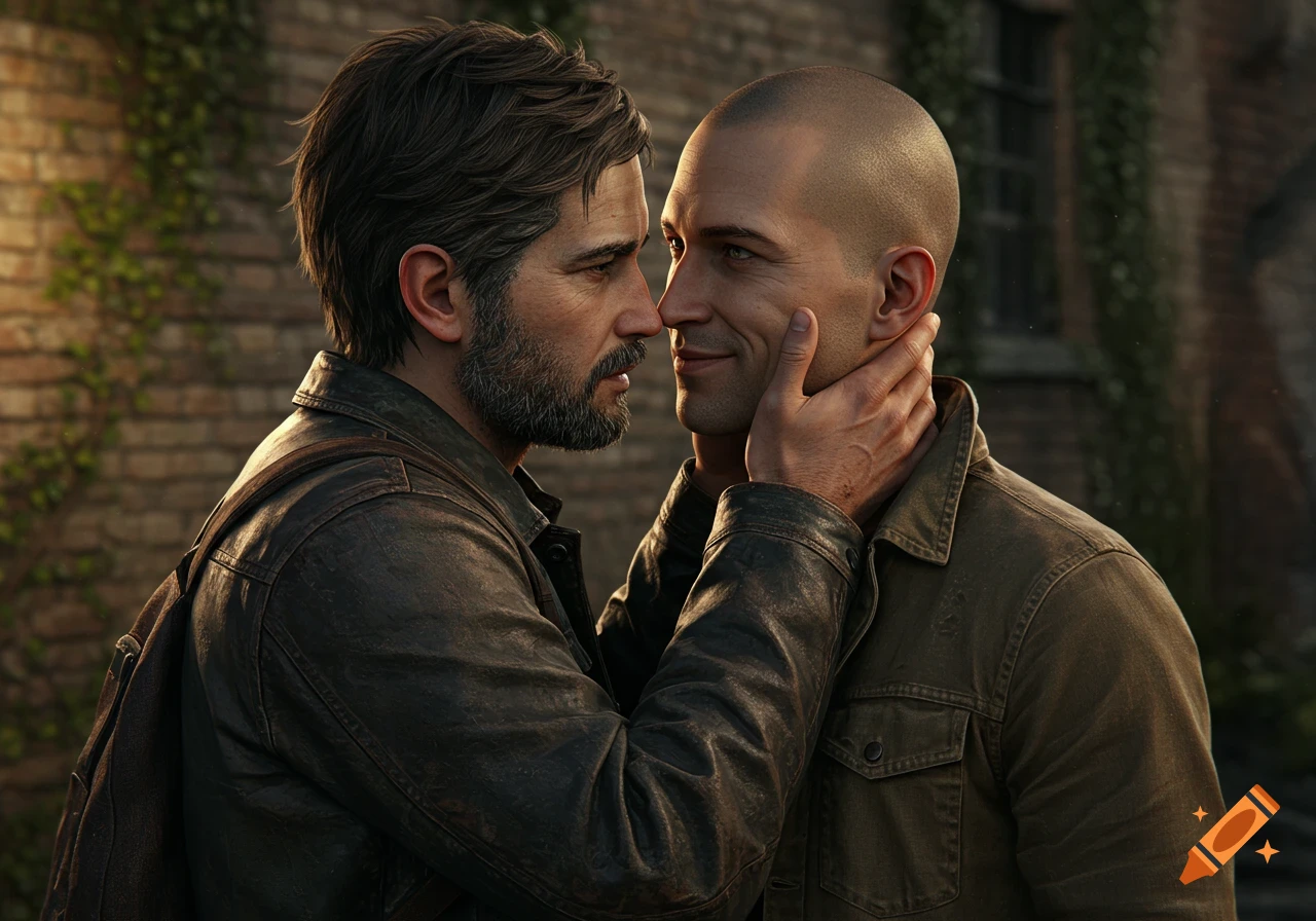 Two photorealistic men, one bearded and one bald, lean in for a kiss in ...