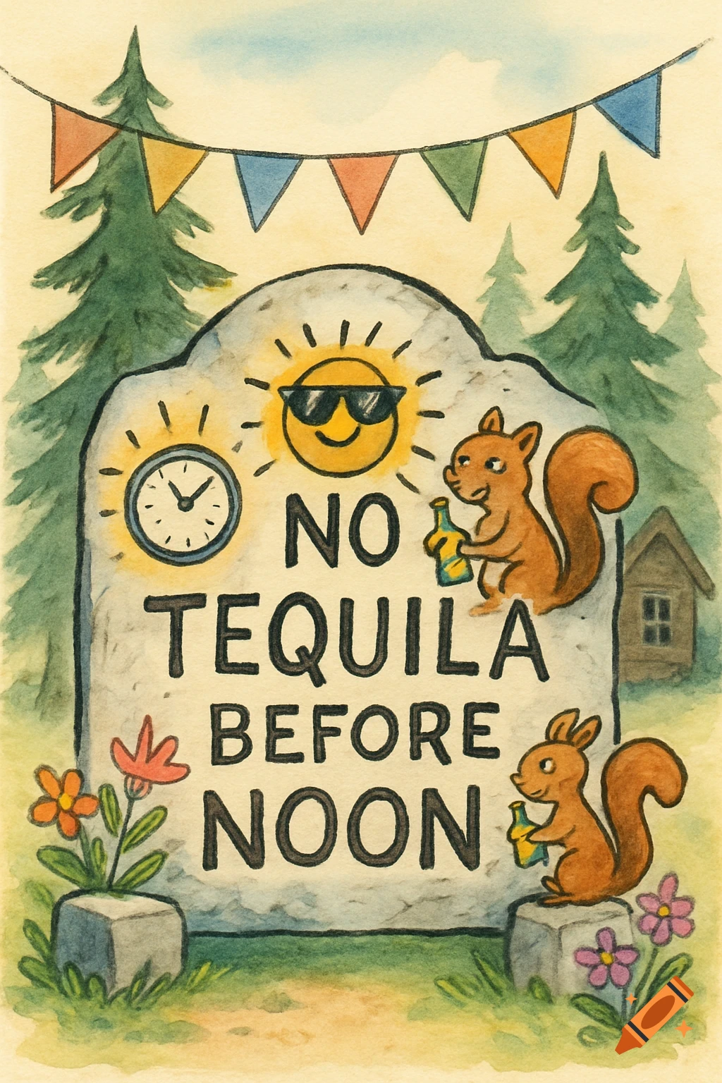 Watercolor illustration of a stone sign in a forest that reads 'NO ...