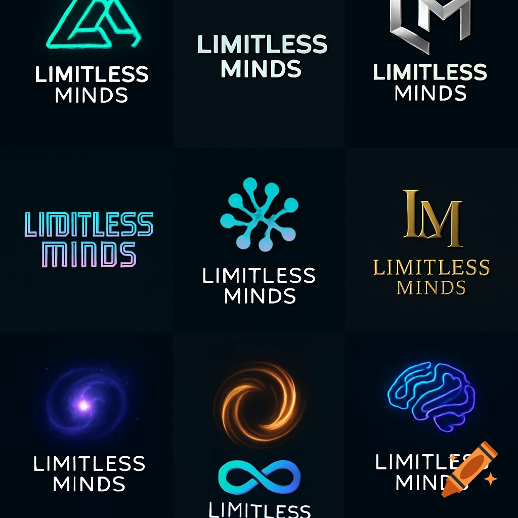 A grid displaying nine unique logo designs for 'Limitless Minds', featuring abstract symbols ...