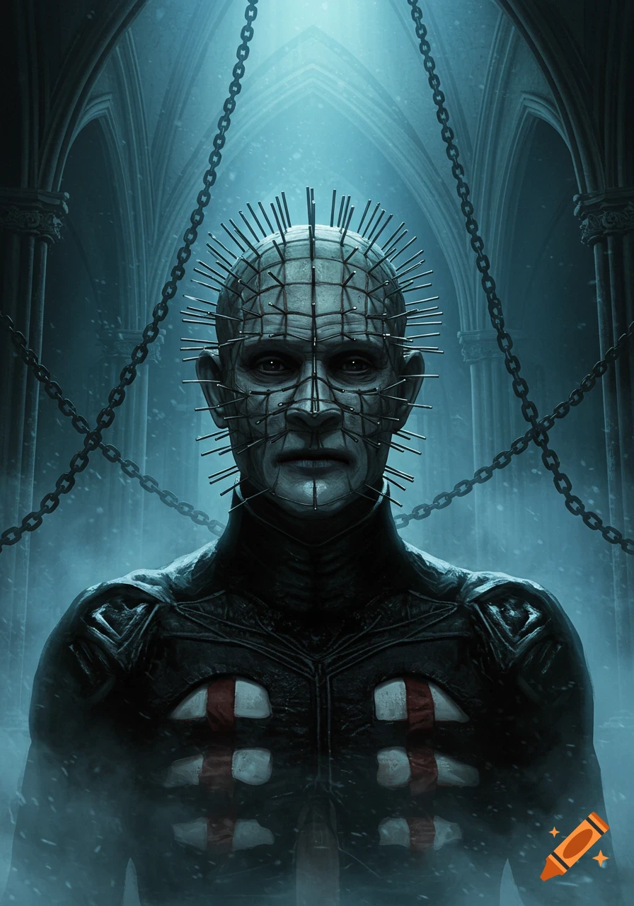 A dark fantasy portrait of Pinhead from Hellraiser, standing in a ...