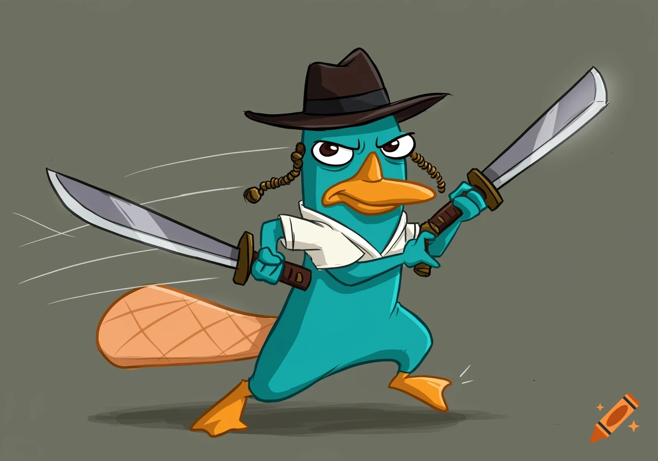 Agent P, Perry the Platypus, stands in a dark, high-tech secret lair ...