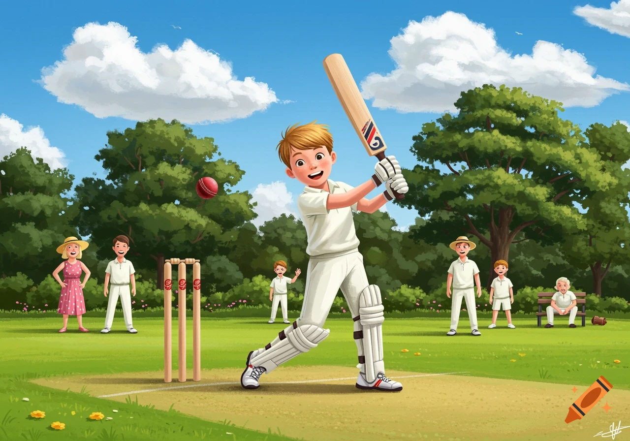 Cartoon boy in cricket uniform with gloves reaching to catch a red ...