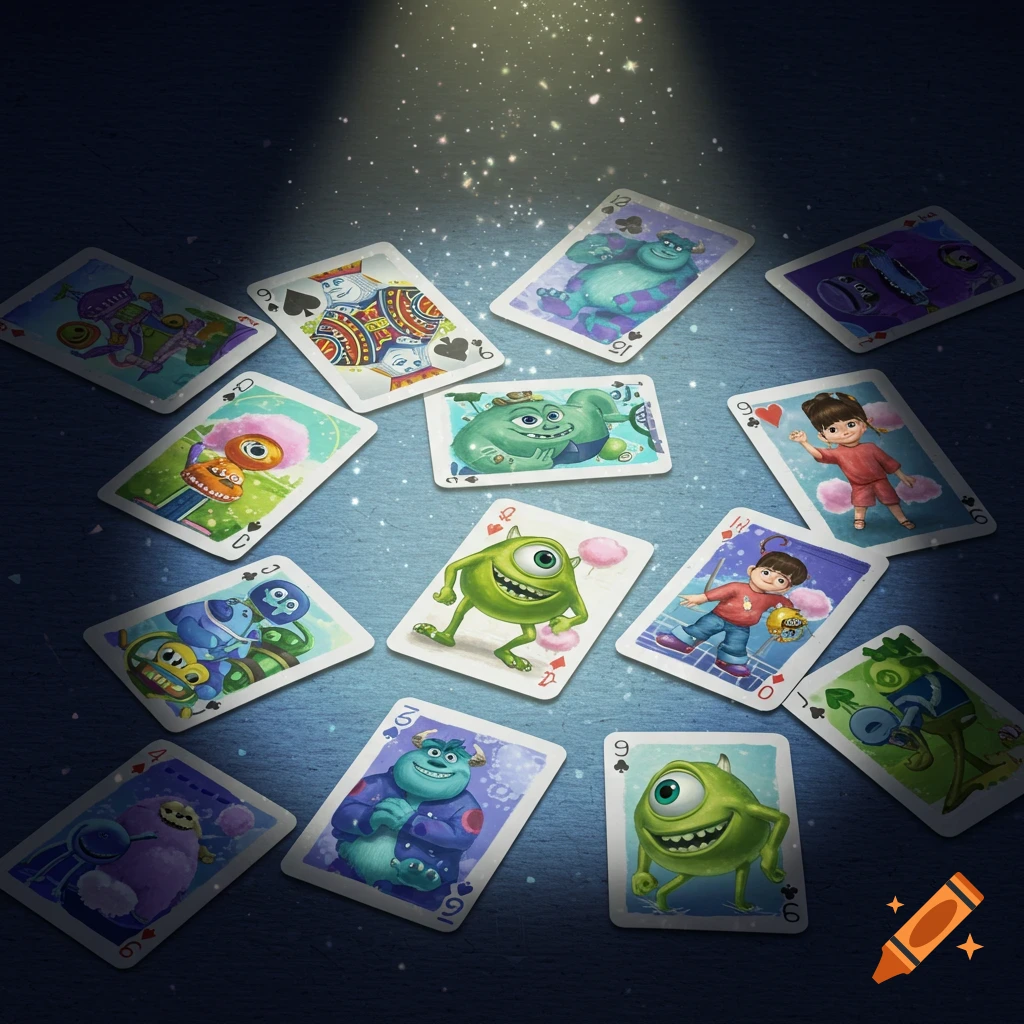 Playing cards featuring Monsters Inc. characters like Mike, Sully, and ...