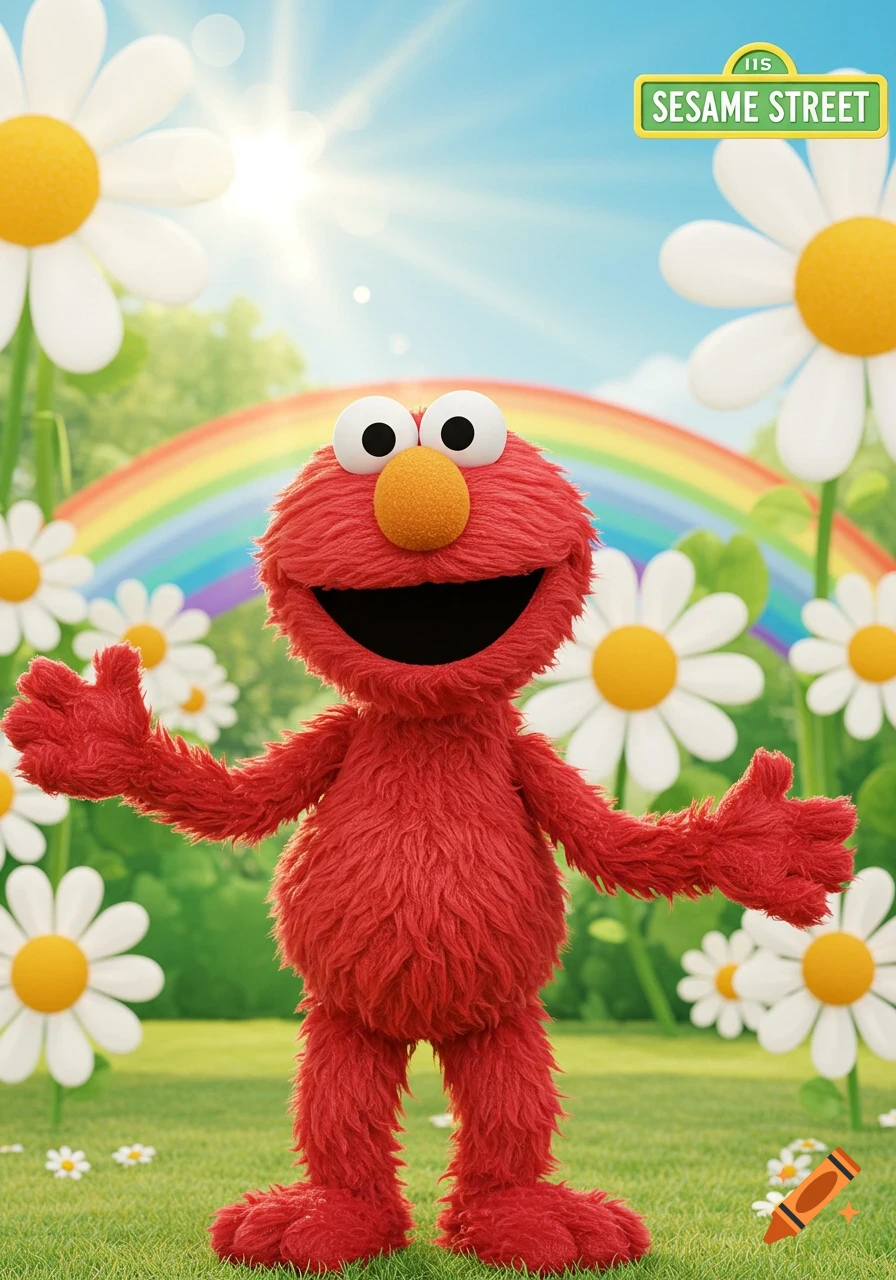 Elmo stands smiling in a sunny, grassy field surrounded by large white ...