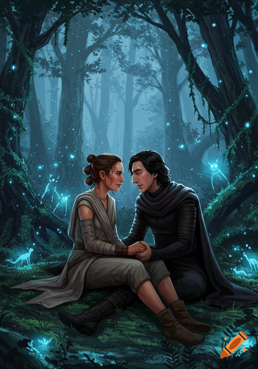 Rey and Kylo Ren sit on a glowing forest floor, holding hands and ...