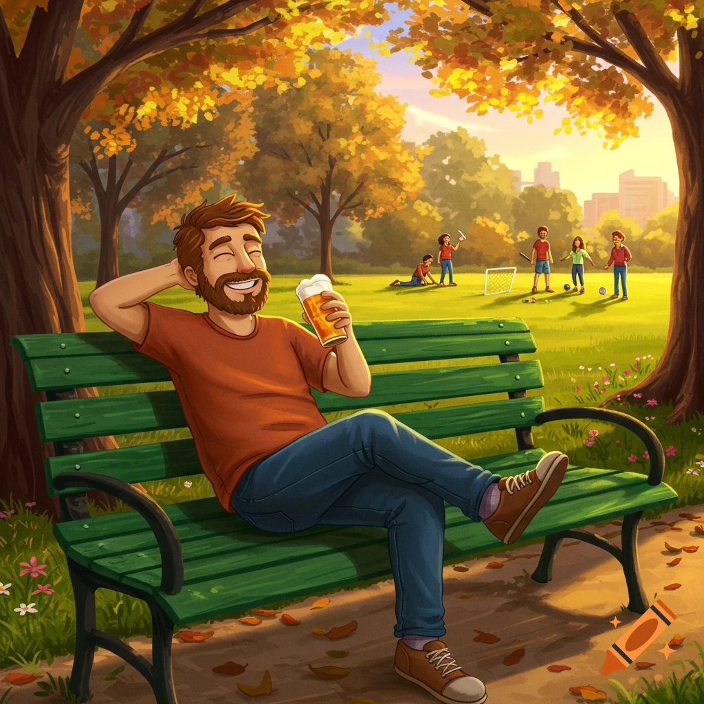 An illustrated man with a beard relaxes on a park bench, drinking beer ...