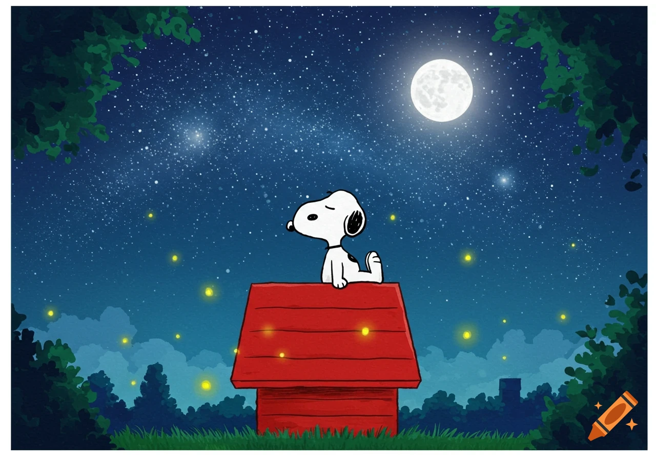 Cartoon Snoopy on his doghouse sips from a steaming mug under falling ...