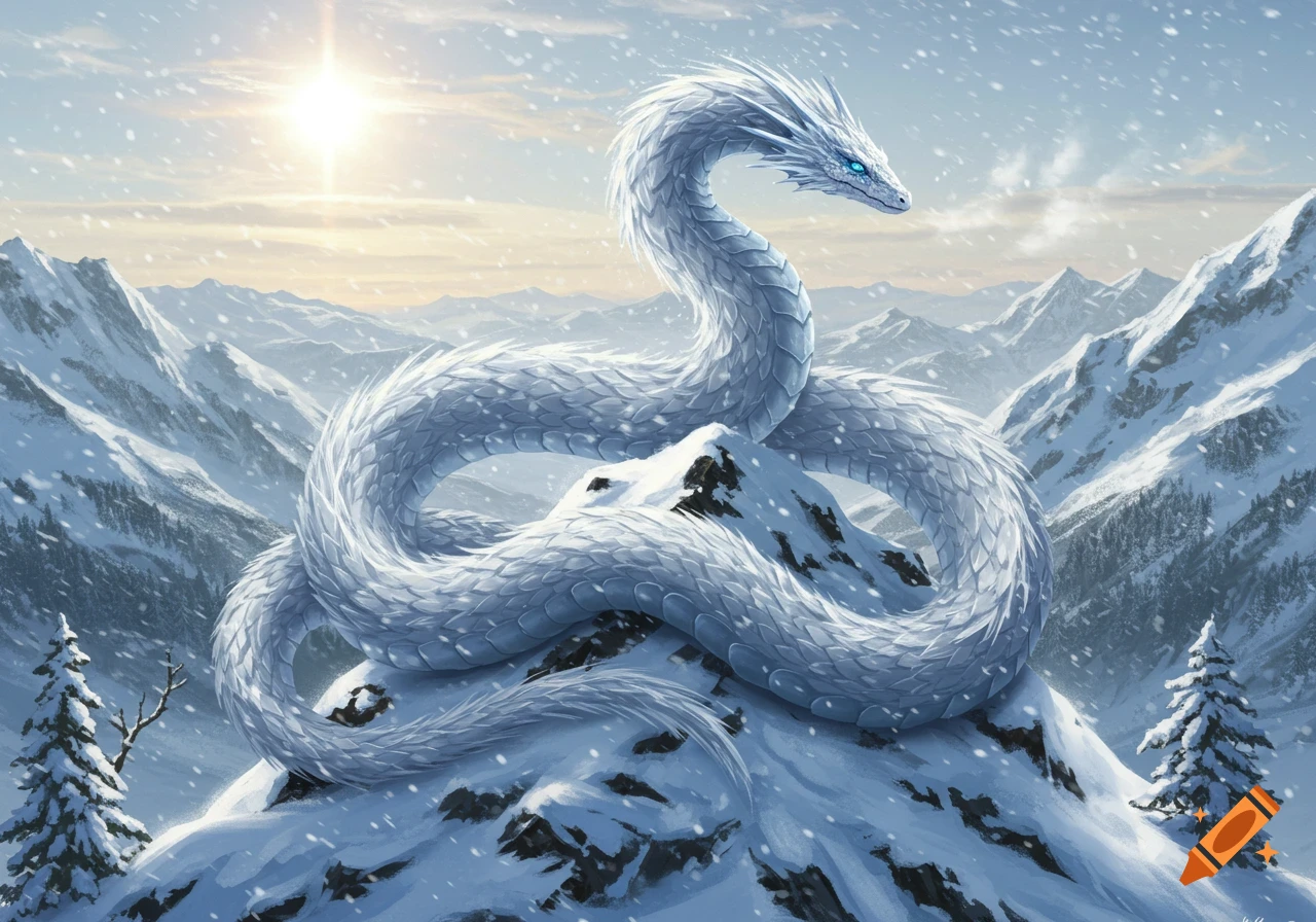 A majestic white snow dragon with glowing blue eyes coiled on a snowy ...