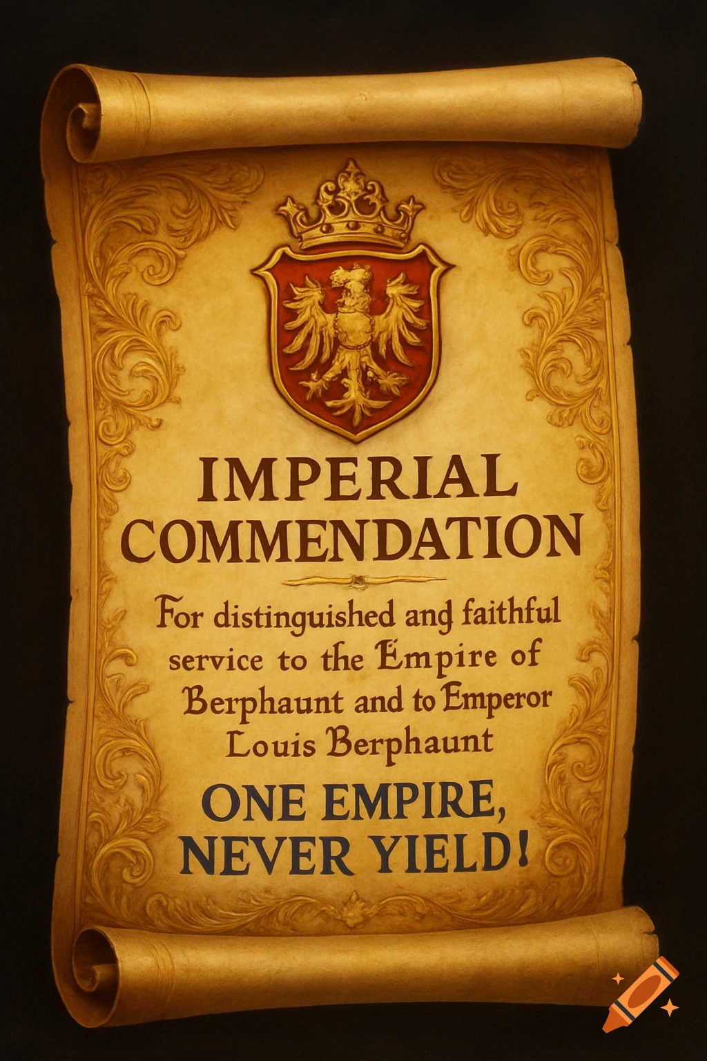 An ancient-looking scroll with a golden crest featuring an eagle and ...