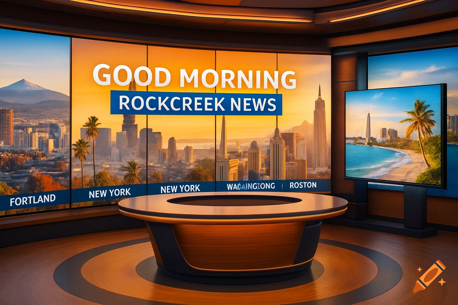 A photorealistic image of a modern television news studio set featuring ...