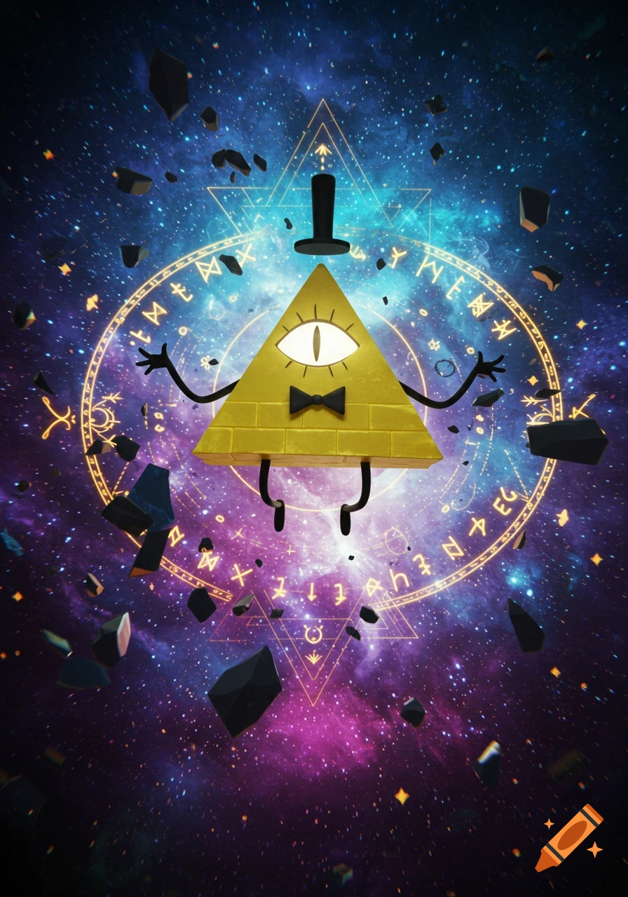 Glowing Bill Cipher, a triangular character with an eye and top hat ...
