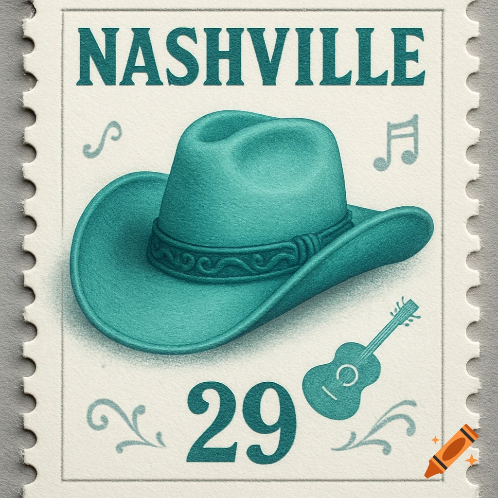 A turquoise cowboy hat is featured on a white postage stamp, with ...