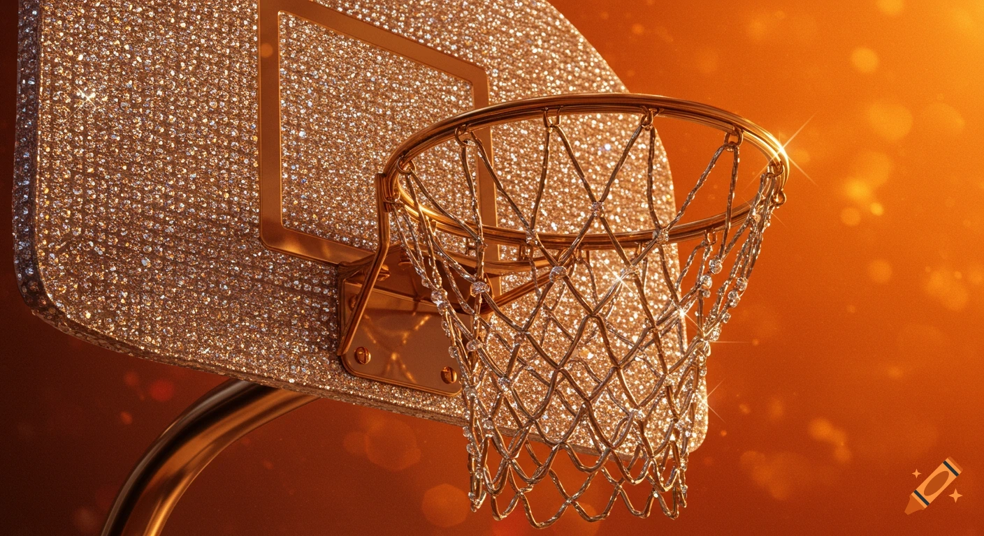 Close-up of a basketball hoop with a shattered backboard glowing orange ...