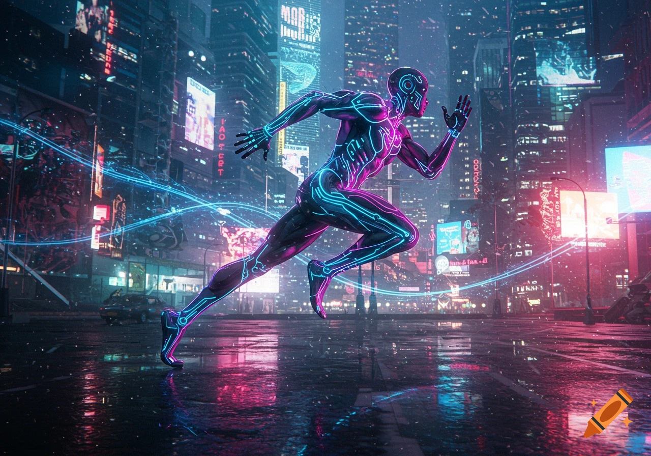 A glowing neon cyber-athlete sprints through a dark, rainy, futuristic ...