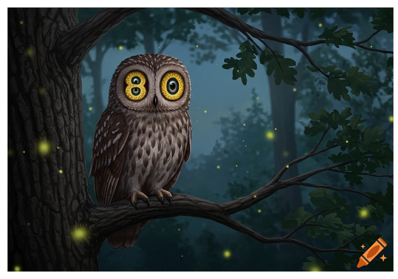 A wise owl with glowing yellow eyes shaped like the number 80 perched on a branch in a dark ...