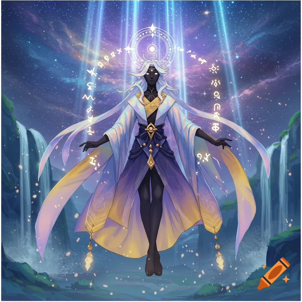 A dark-skinned, white-haired celestial being in flowing robes ...