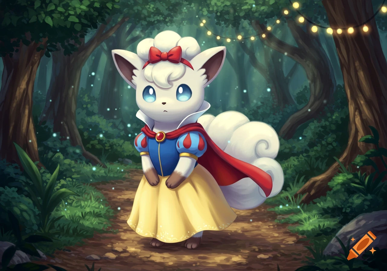 Alolan Vulpix dressed as Snow White stands in a magical forest with ...