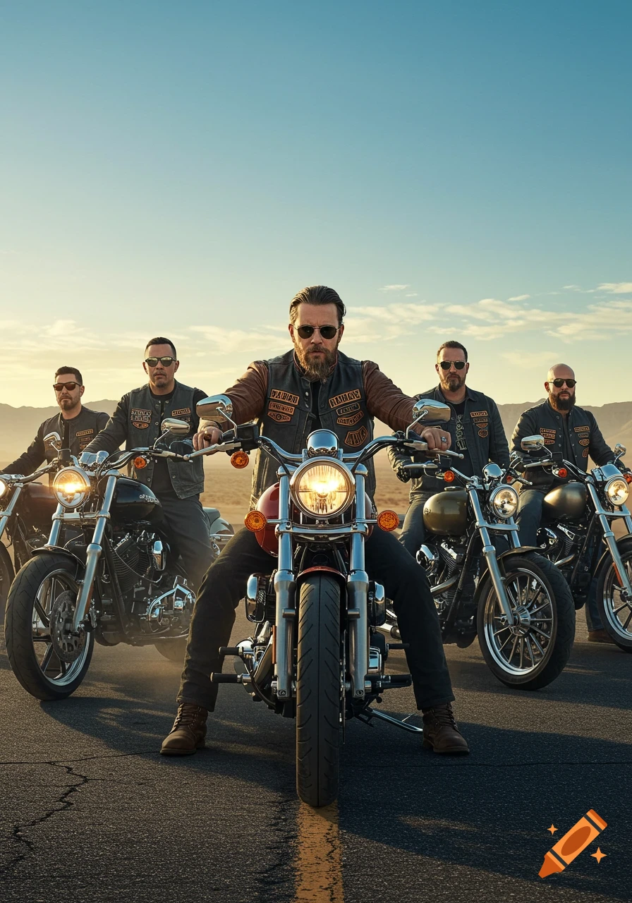 A group of photorealistic bikers in leather vests posing with their ...