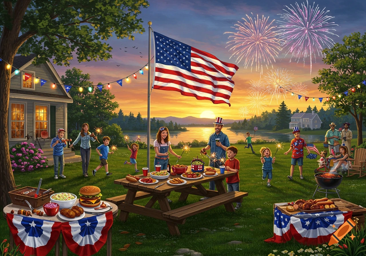 A vibrant illustration of a 4th of July family barbecue at sunset with ...