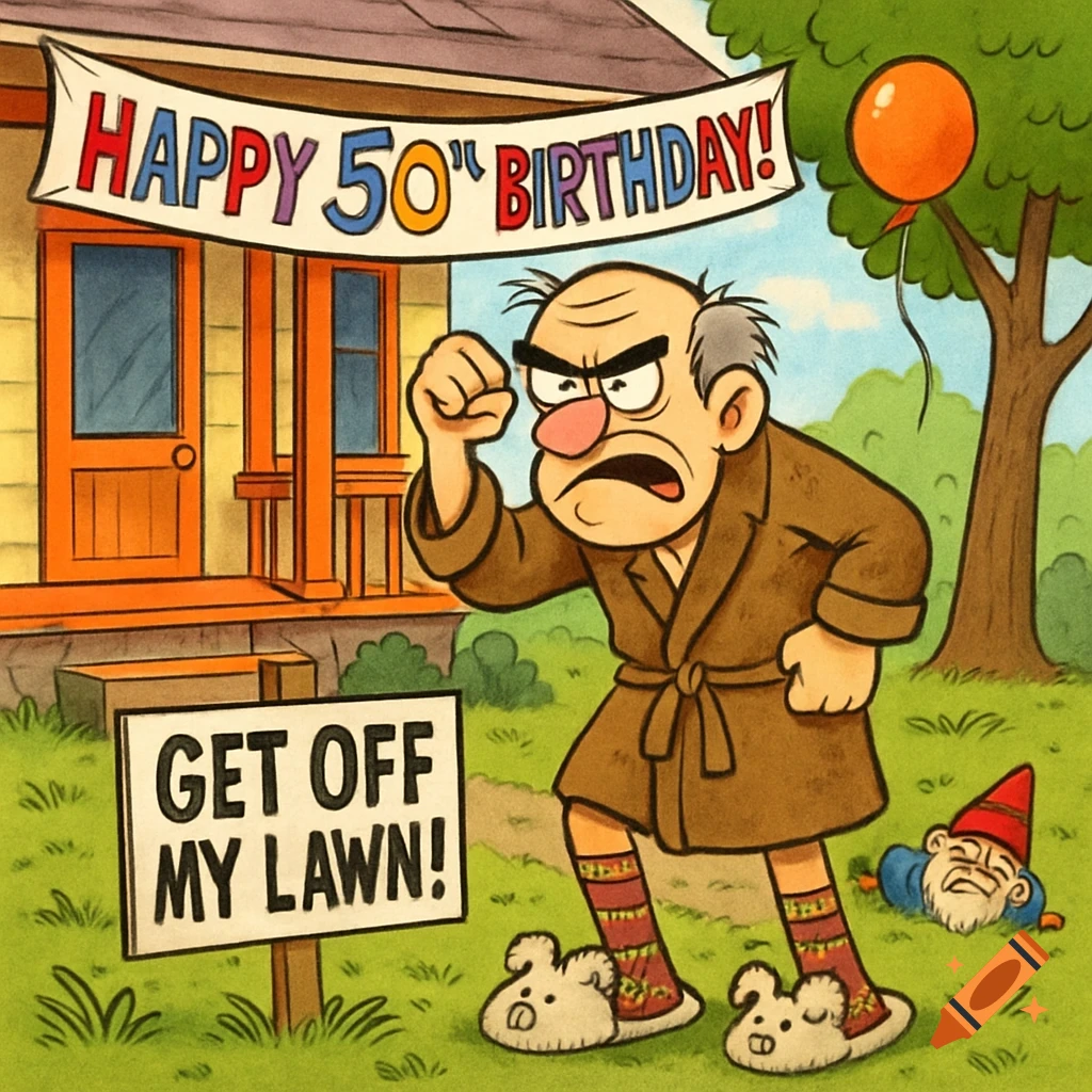 A grumpy cartoon old man in a bathrobe shakes his fist on his lawn ...