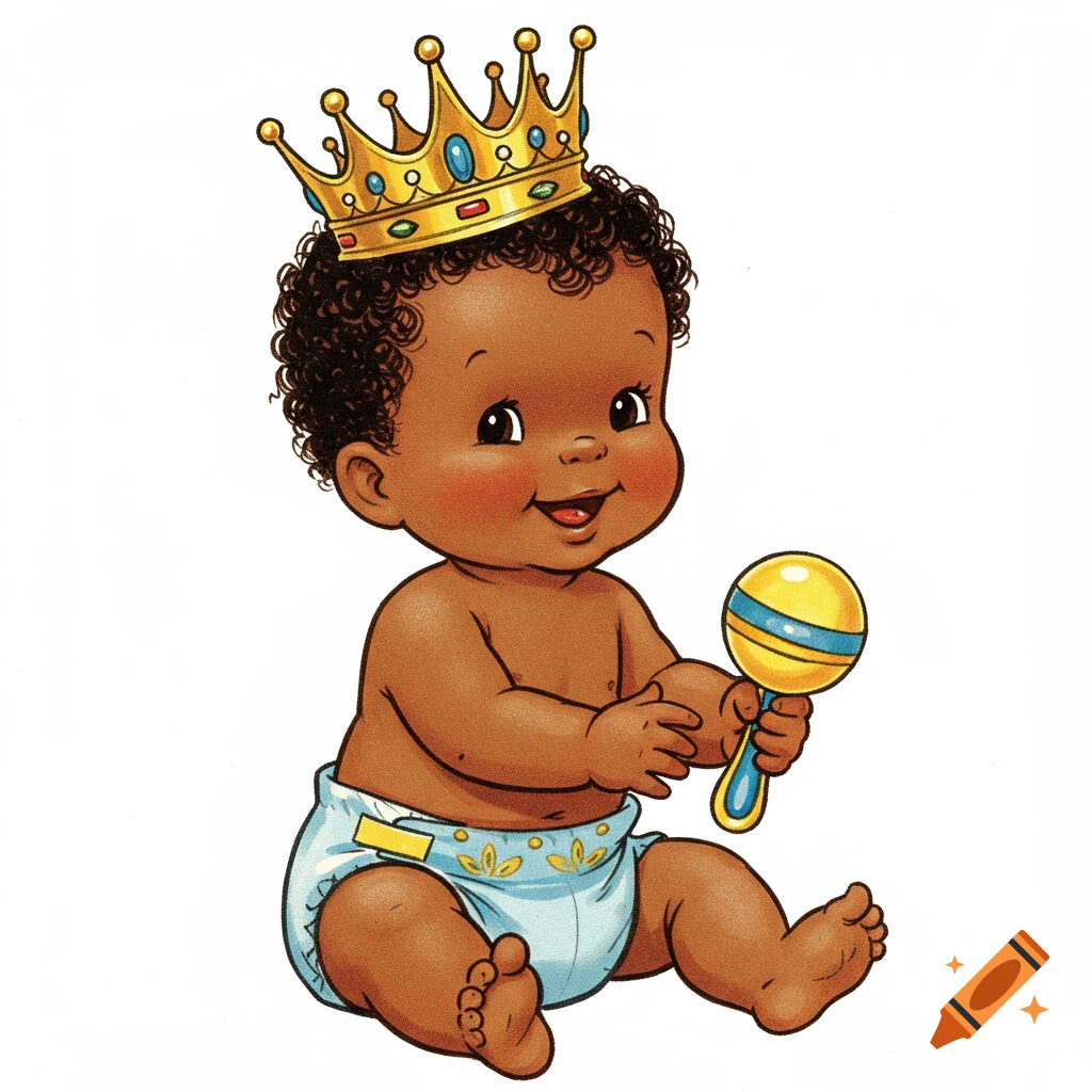 A cute brown-skinned baby with curly hair wears a golden crown and blue ...