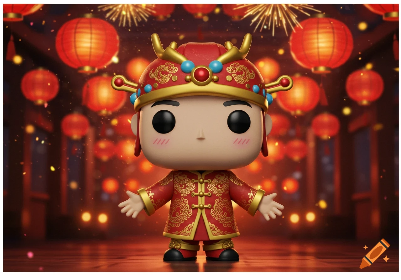 A Funko Pop character in red and gold traditional Chinese attire and ...