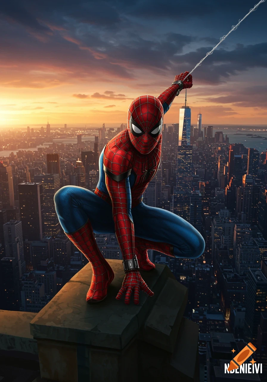 Spider-Man crouches on a rooftop overlooking a detailed city skyline at ...