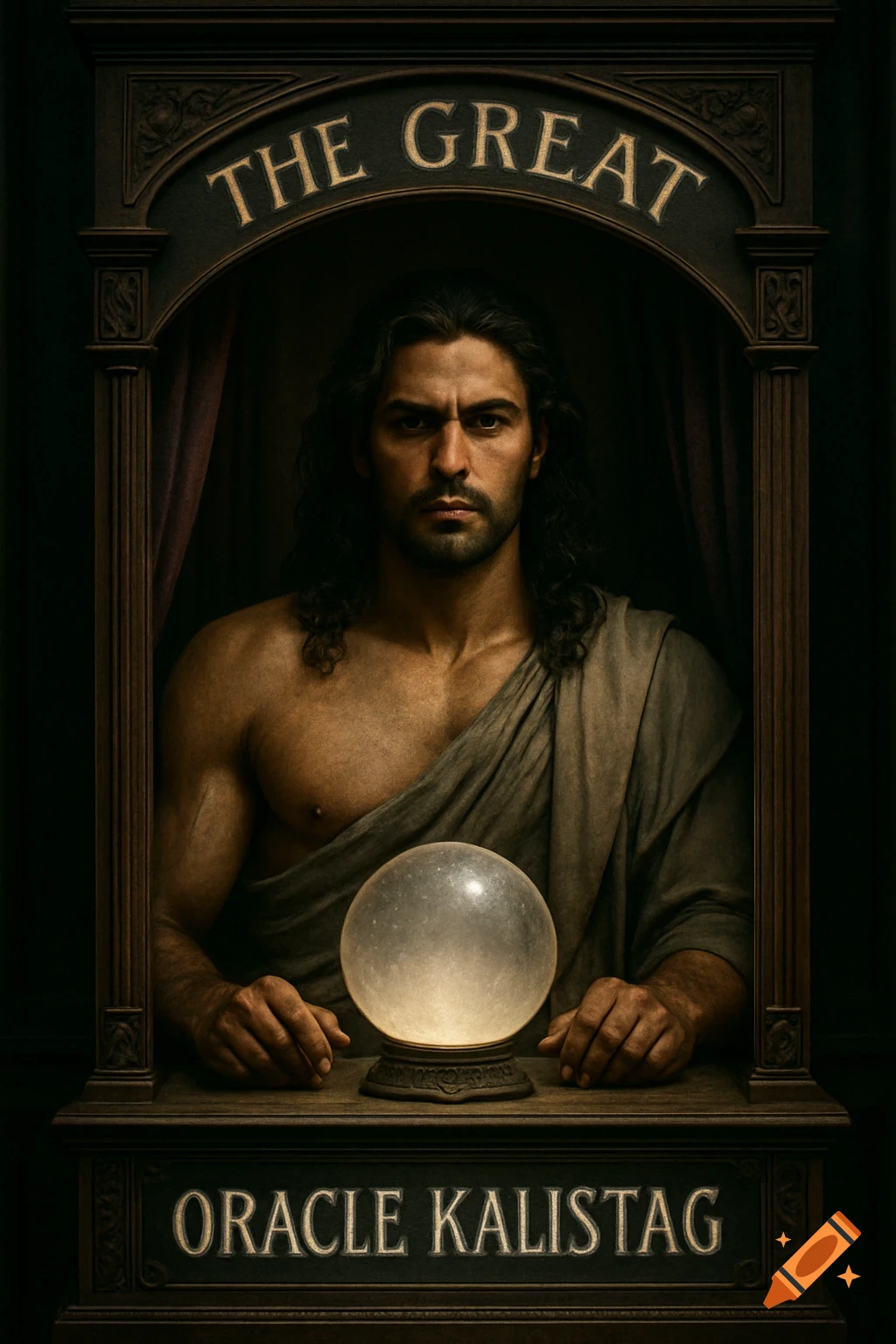 Photorealistic portrait of a male oracle in a fortune teller machine ...