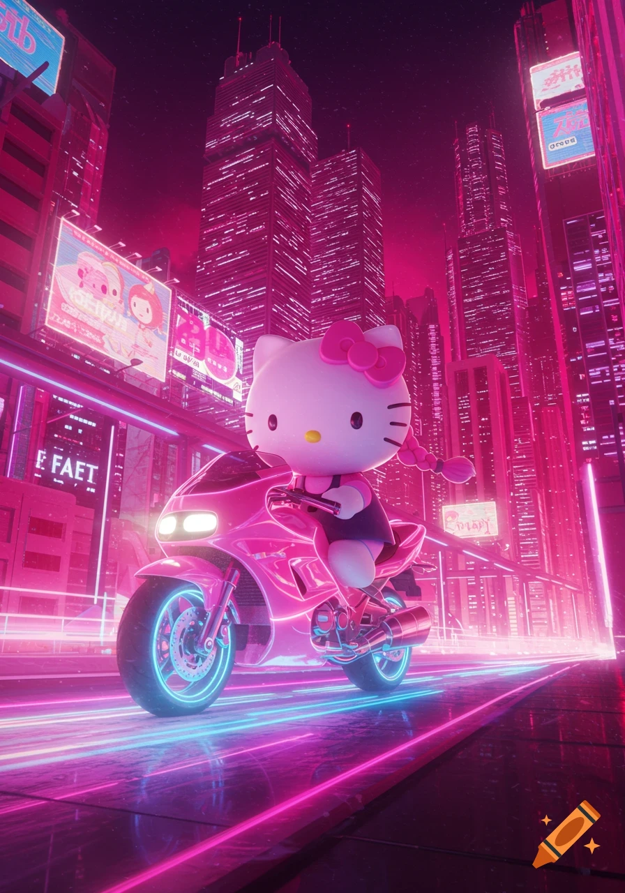 A Minion in a yellow dress rides a glowing hoverboard down a neon-lit ...