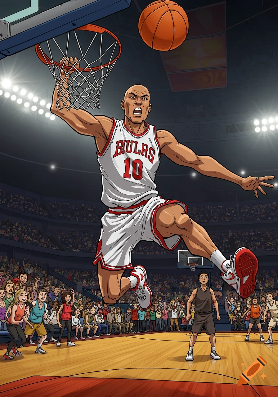 A cartoon bald basketball player in a white and red jersey dunks a ...