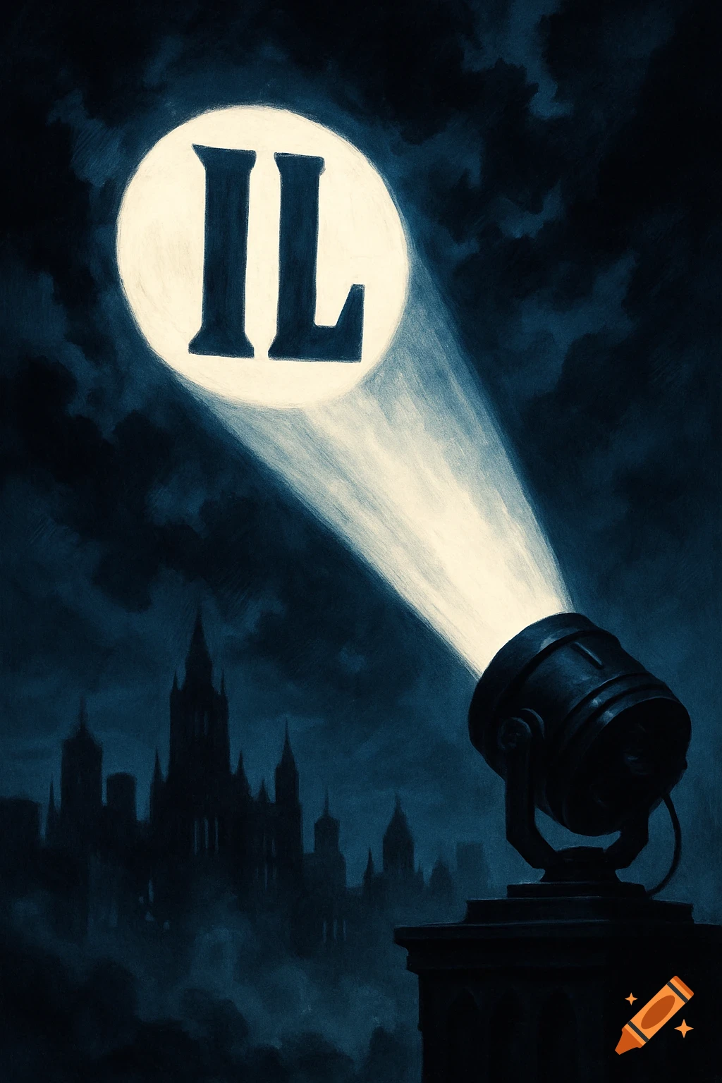 A stylized, dark illustration of a spotlight projecting the letters 'IL ...