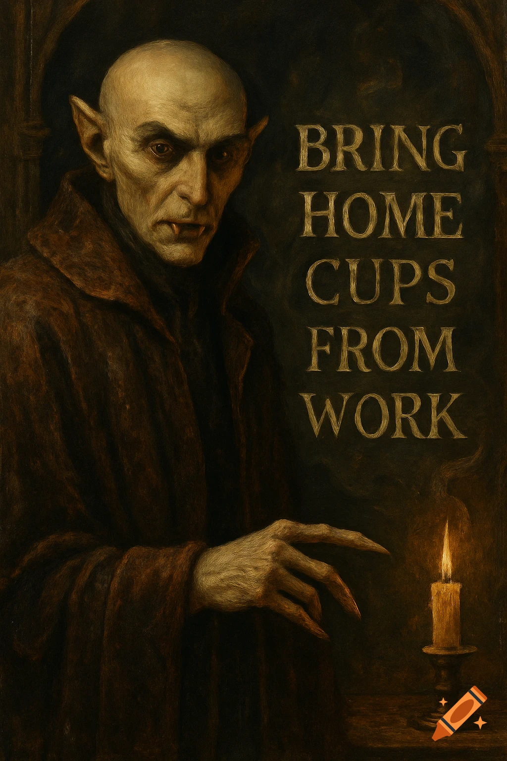 Oil painting of a gaunt Nosferatu-like vampire standing in a dark room ...