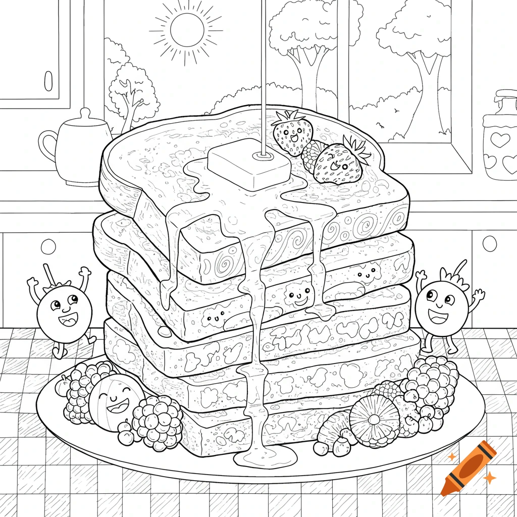 A black and white coloring page showing a tall stack of French toast ...
