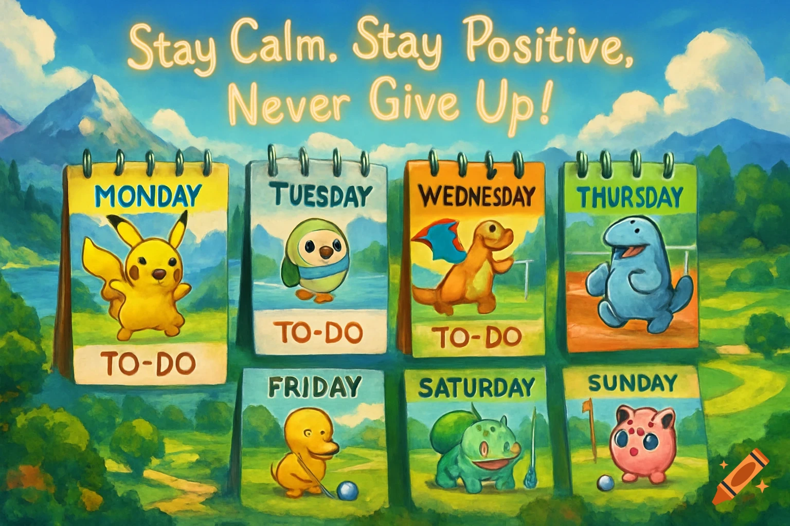 Colorful illustration of a weekly calendar featuring various Pokémon ...