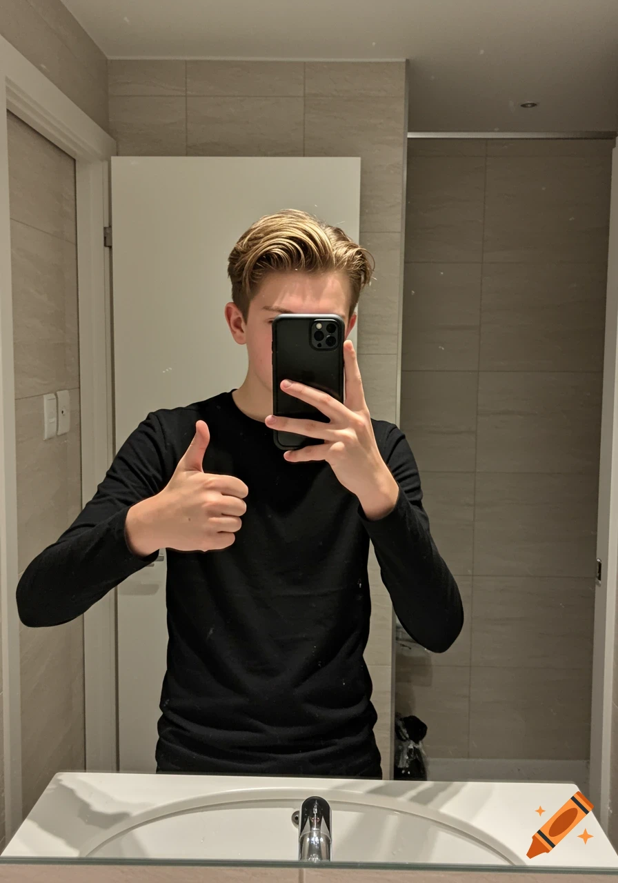 A boy takes a mirror selfie in a bathroom, holding a phone in front of ...