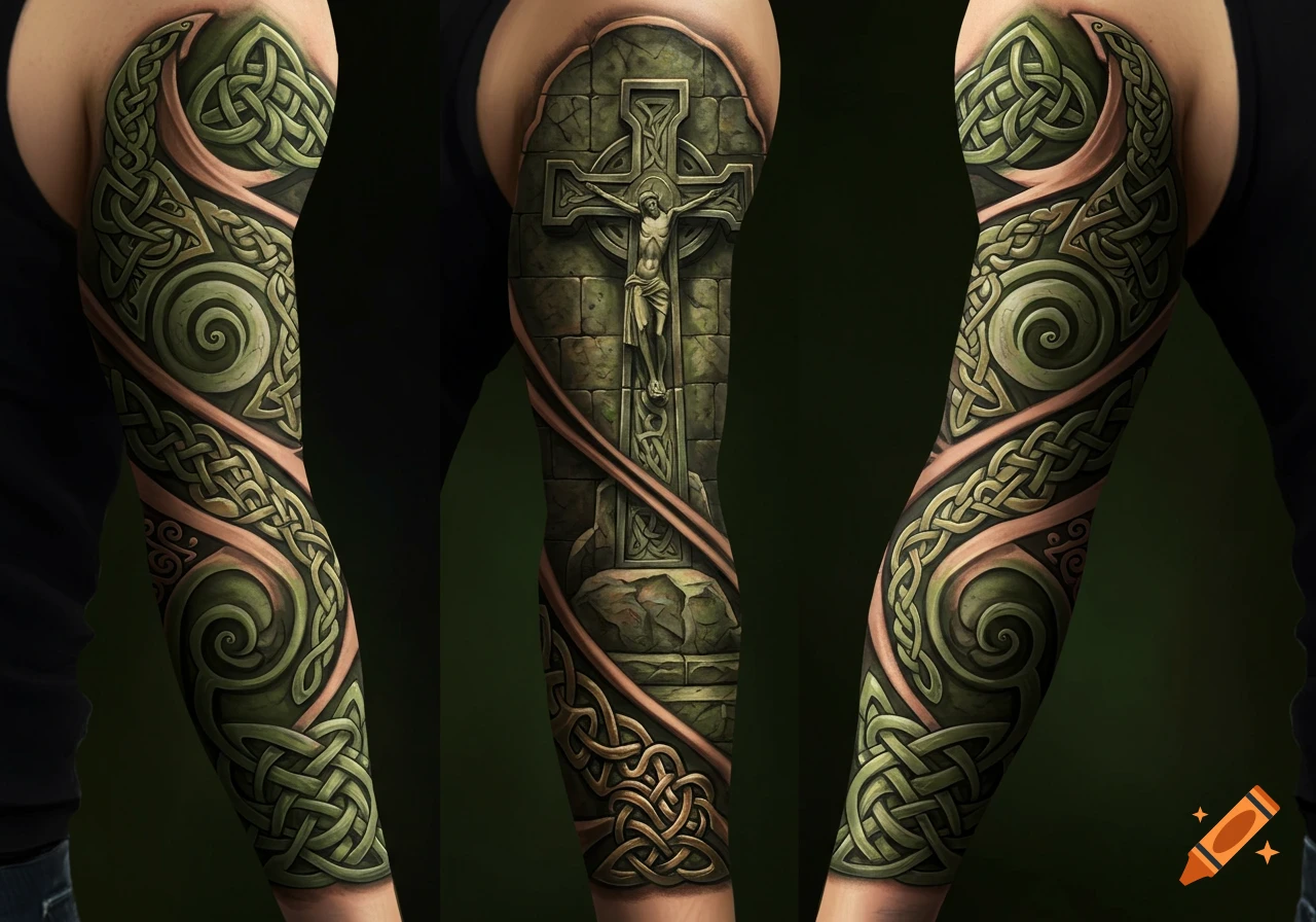 Realistic sleeve tattoo featuring a Celtic cross with Christ and ...