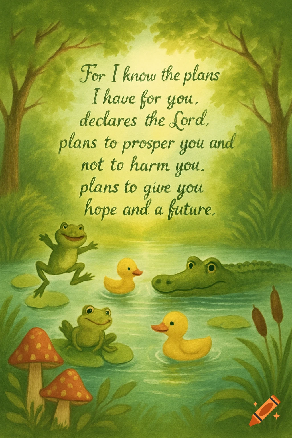 Whimsical illustration of a pond with frogs, ducks, an alligator, and ...