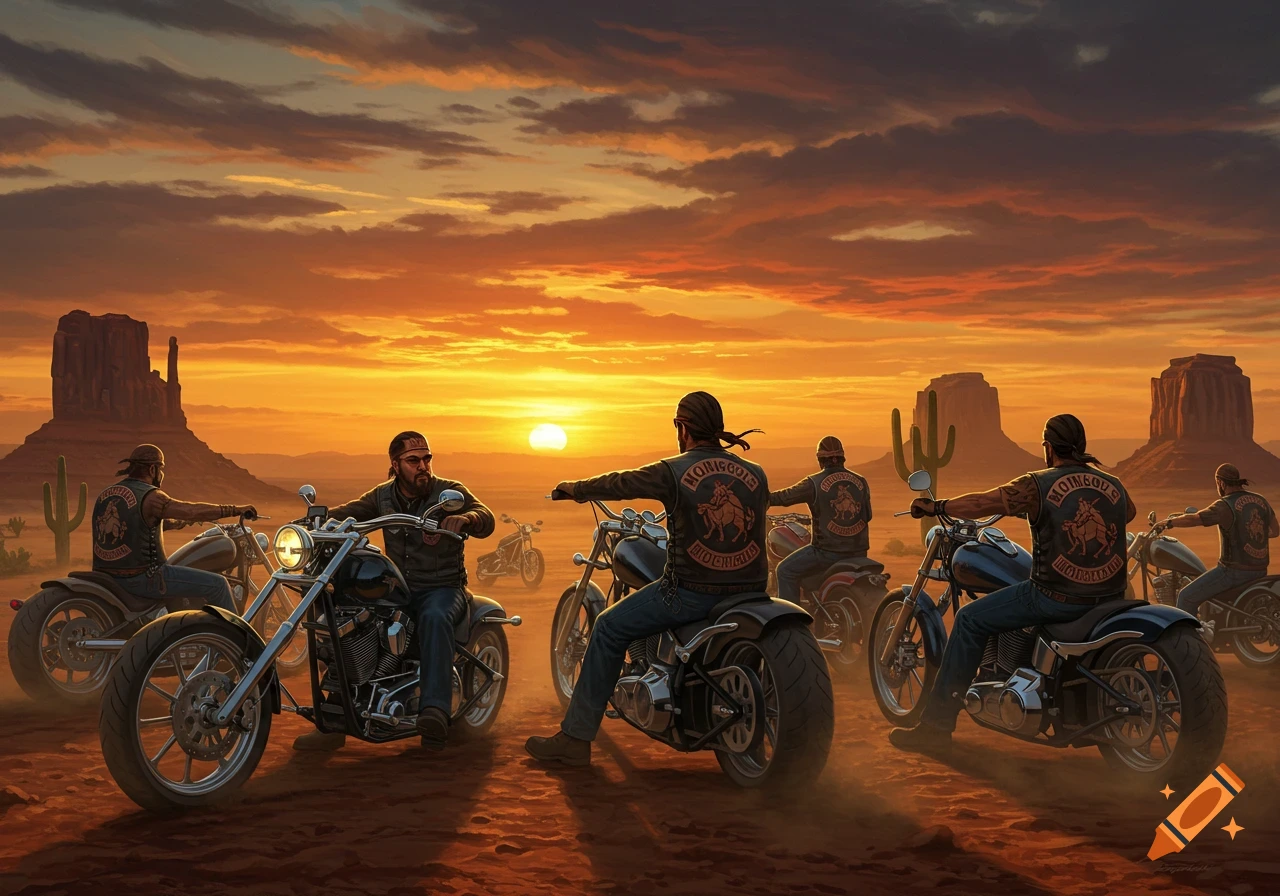 Santa Claus in a red suit riding a red motorcycle through a desert ...