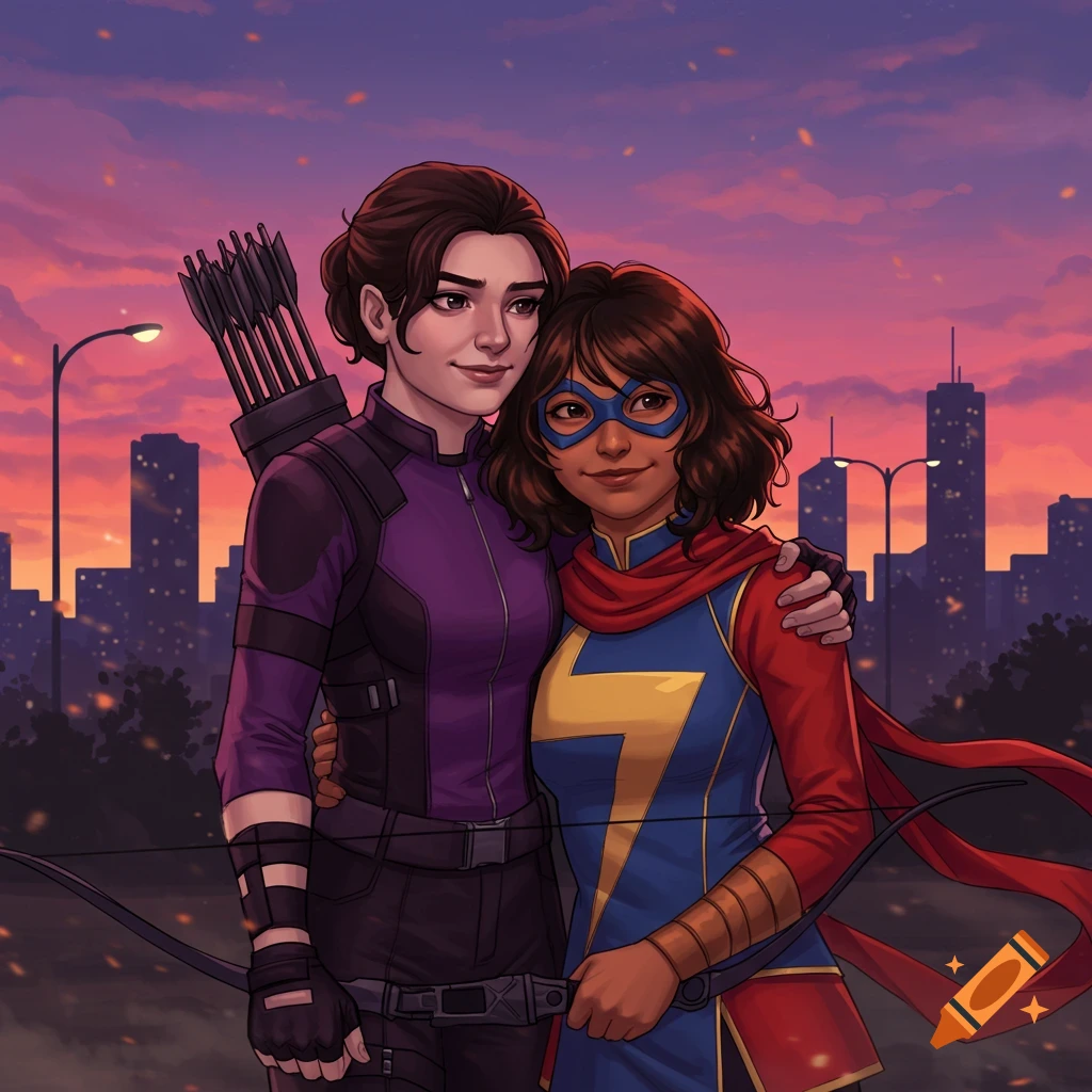 Illustrated portrait of Kate Bishop Hawkeye hugging Ms. Marvel Kamala ...