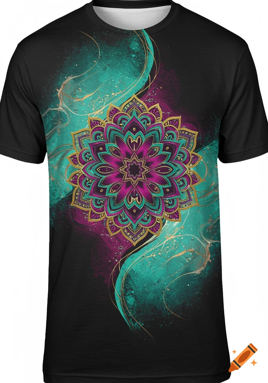 A white t-shirt featuring a vibrant rainbow-colored mandala design ...