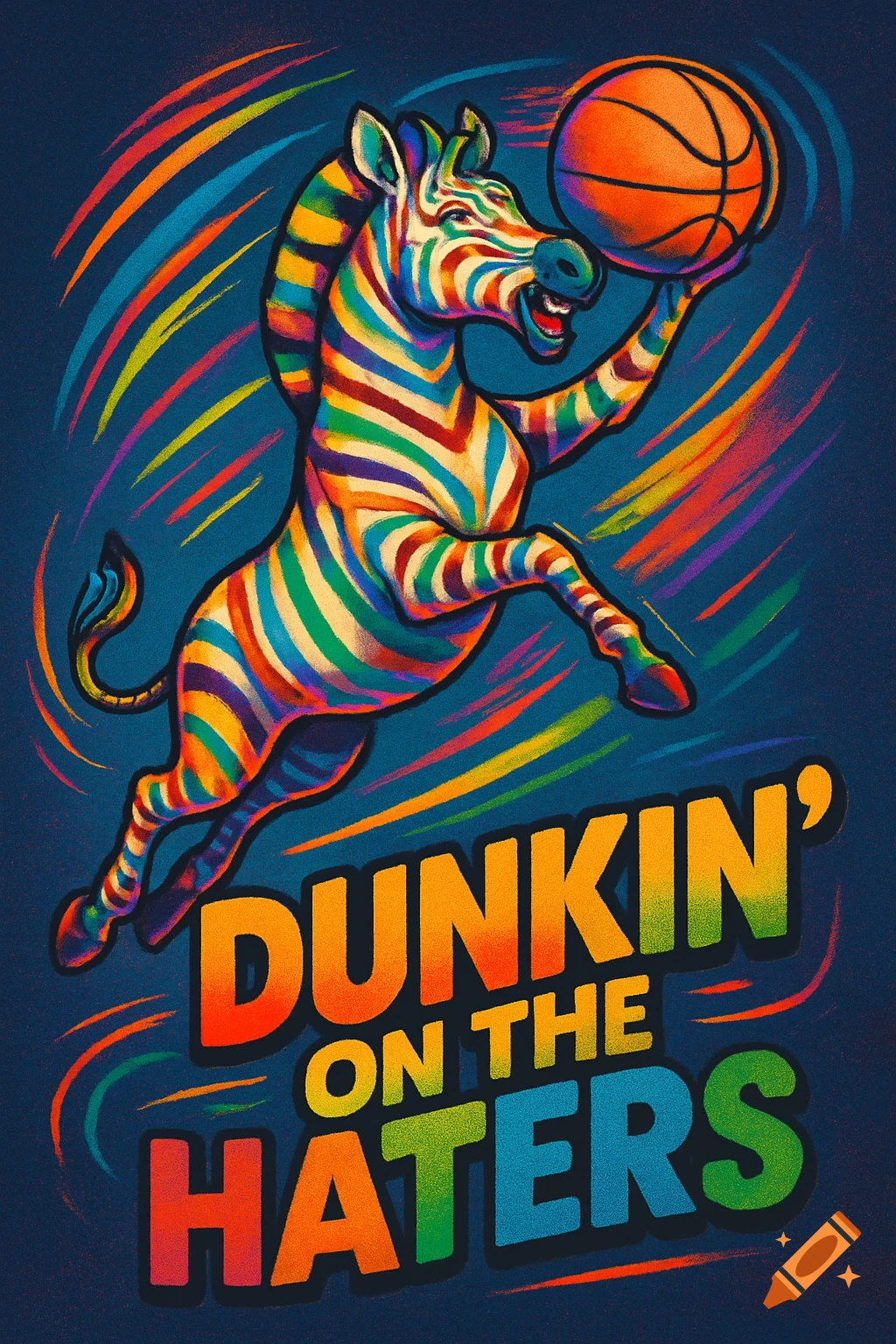 Vibrant illustration of a rainbow-striped zebra dunking a basketball ...