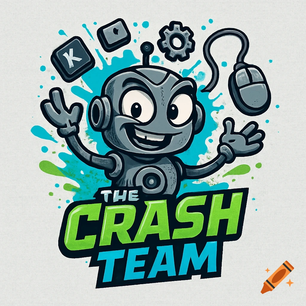 A cartoon logo of a happy grey robot, with tech elements and the text ...