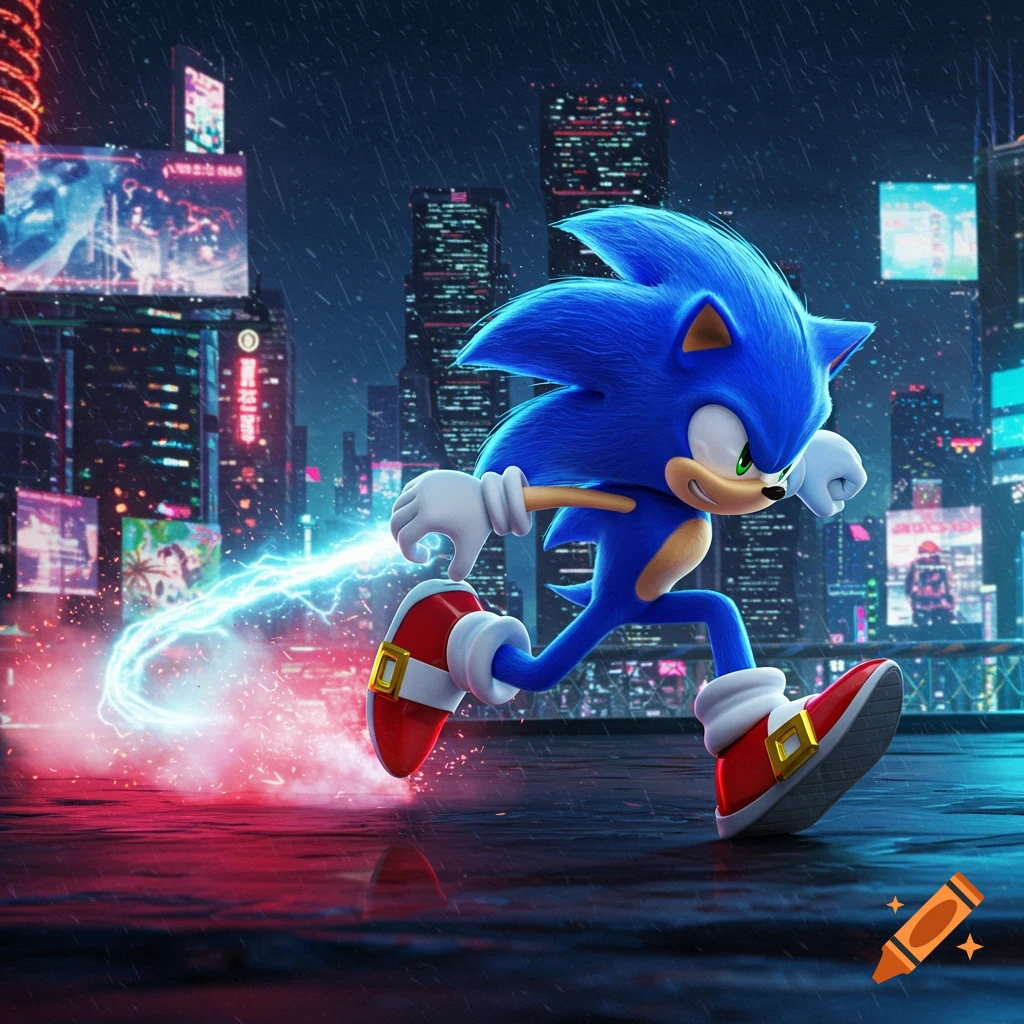Sonic the Hedgehog speeds through a neon-lit cyberpunk city at night ...