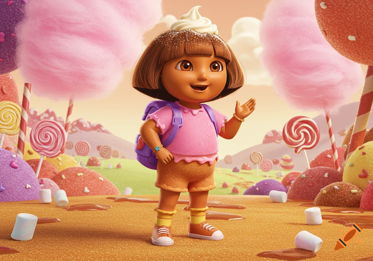Cartoon Dora the Explorer as a dessert, with whipped cream hair and a ...