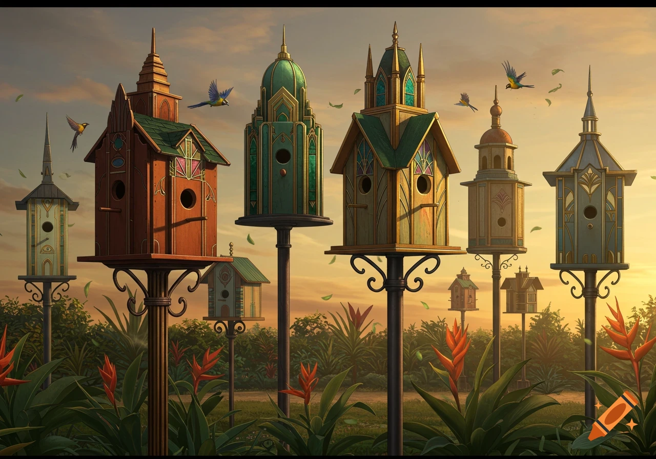 Multiple ornate birdhouses with art deco architecture stand in a lush ...